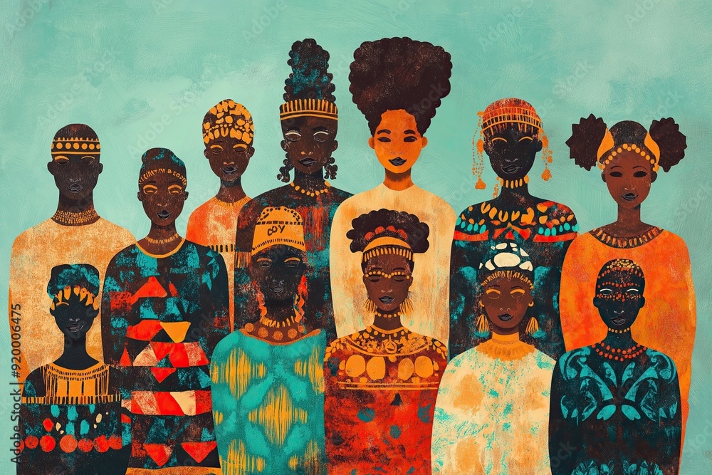 group of stylized black people in traditional African garments standing ...