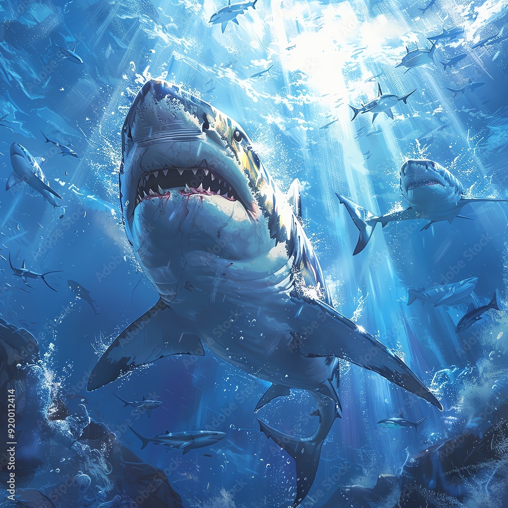 Sharks patrolling ocean territories, maintaining marine food chains through natural predation ...