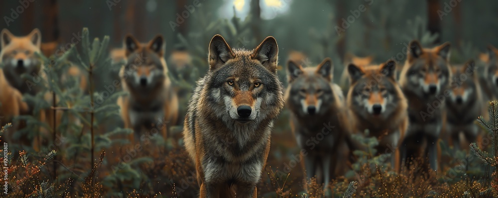 Wolves marking territory in a dense forest, illustrating natural ...