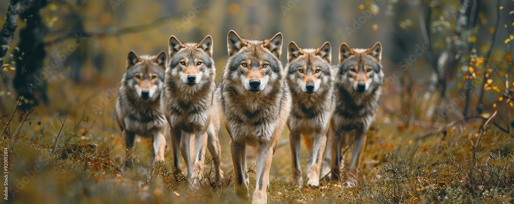 Wolves marking territory in a dense forest, illustrating natural ...