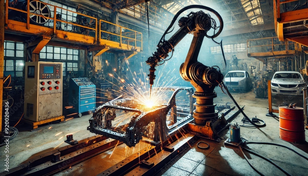 Industrial Robot Welding: A robotic arm wielding a welding torch ...