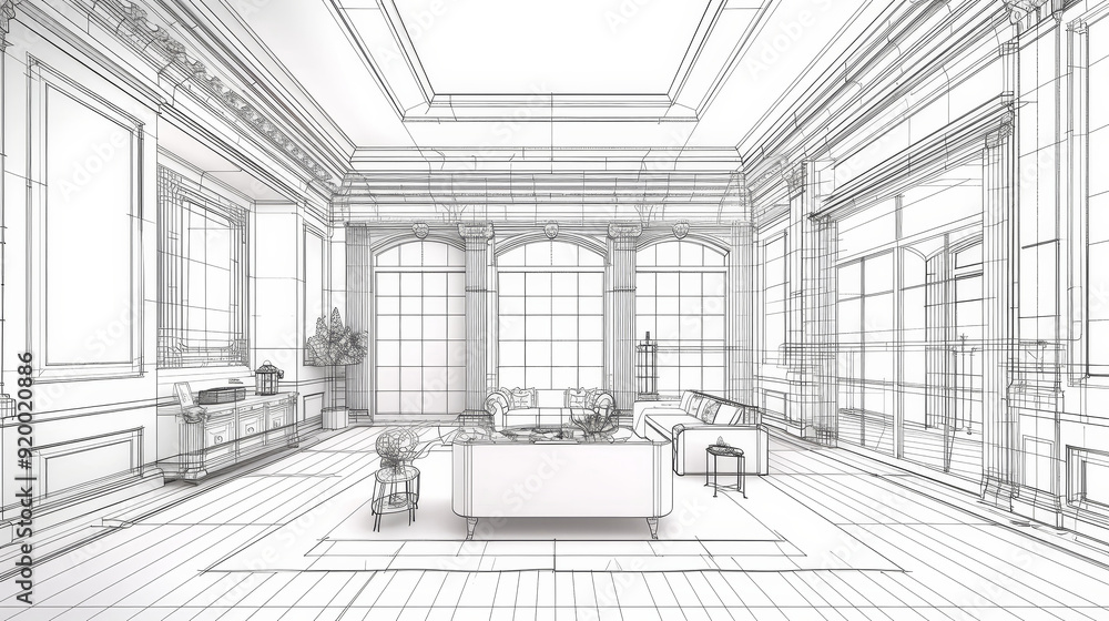 Interior sketch in a wire-frame style, showcasing the structural ...