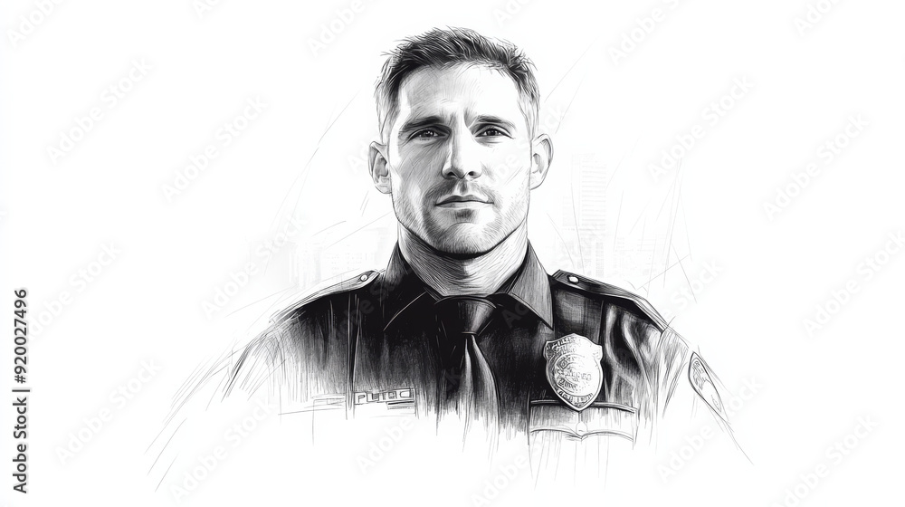 Heroic Policeman Portrait Sketch wearing a Shield and Intense Gaze ...