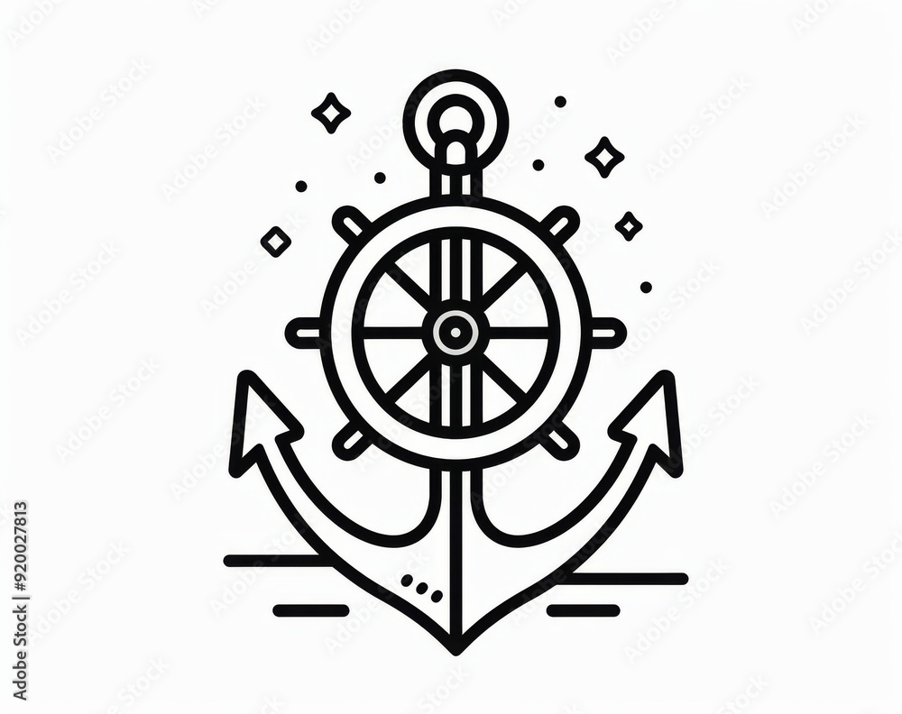 A one-line drawing showing anchors and ship wheels. Anchor line art ...