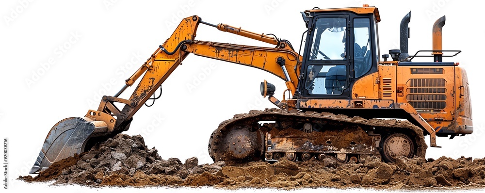 Backhoe loader with a raised front bucket and extended rear arm ...