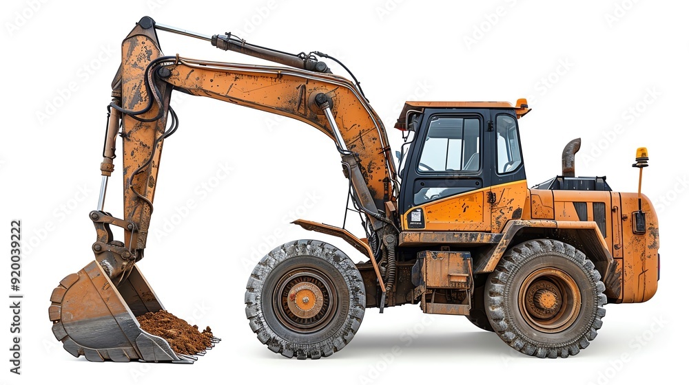 Backhoe loader with a raised front loader and rear arm positioned for ...
