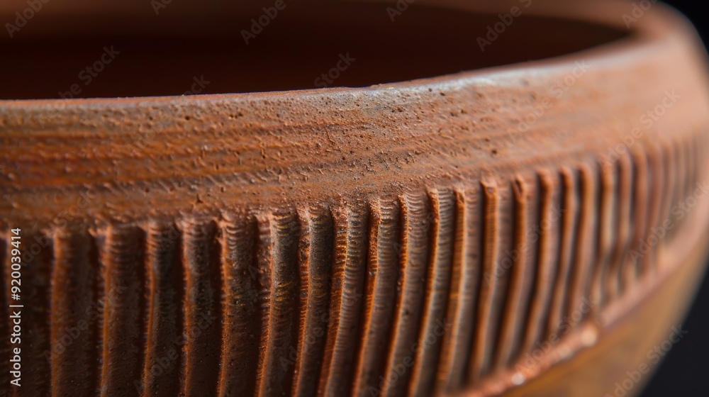 Deep grooves and ridges encircle the base of a clay pot adding ...
