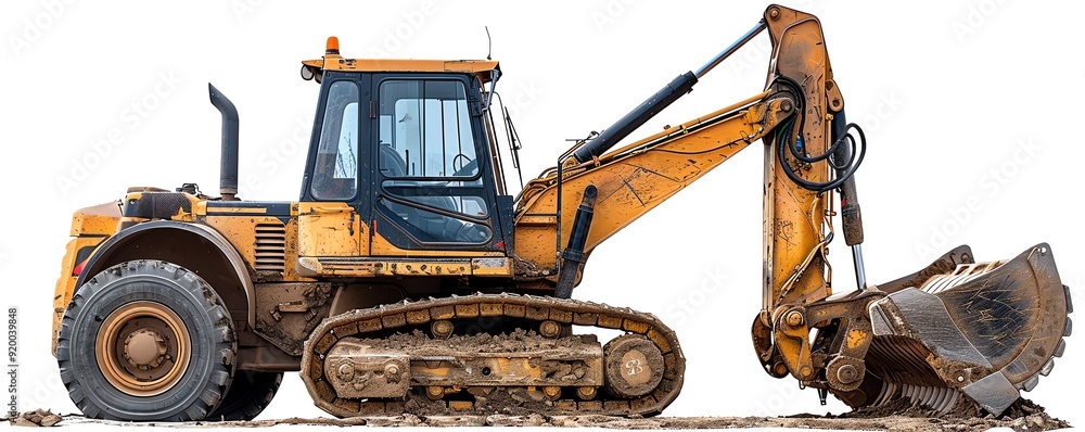Compact backhoe loader with a front loader bucket, isolated on white ...