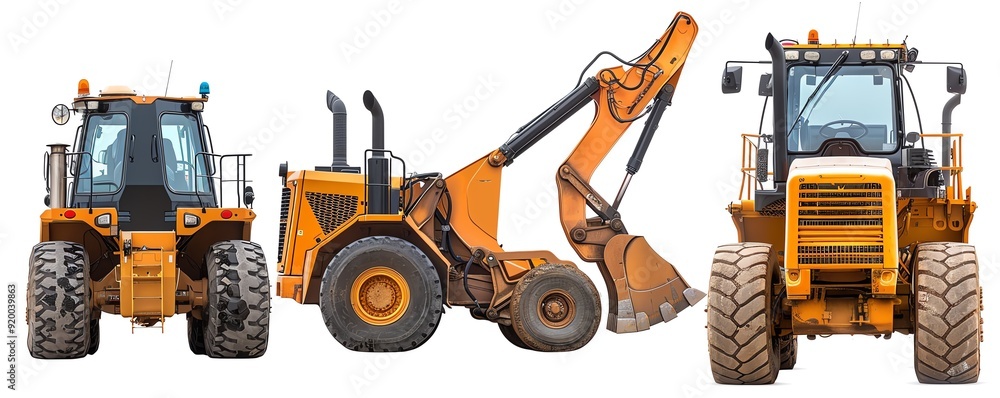 Compact backhoe loader with a front loader bucket, isolated on white ...