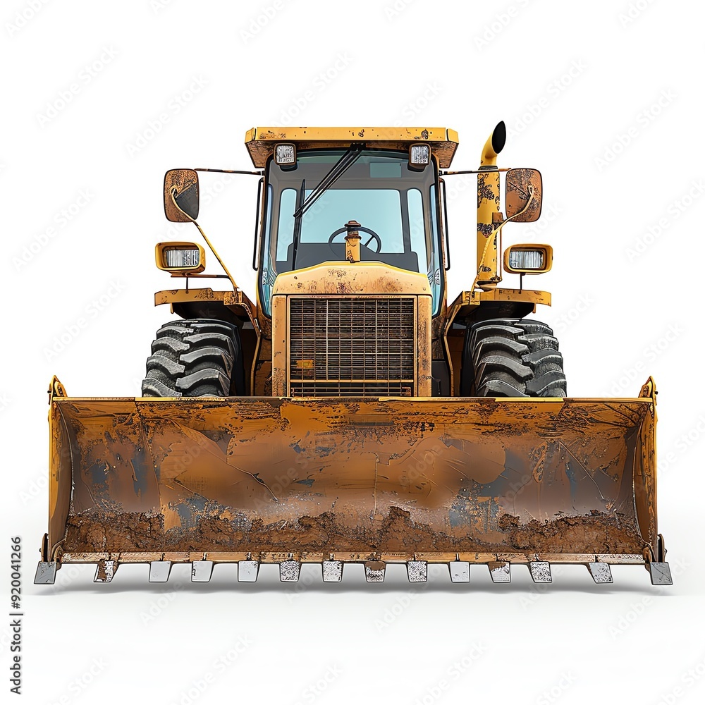 Front view of a grader with a raised blade, isolated on a white ...