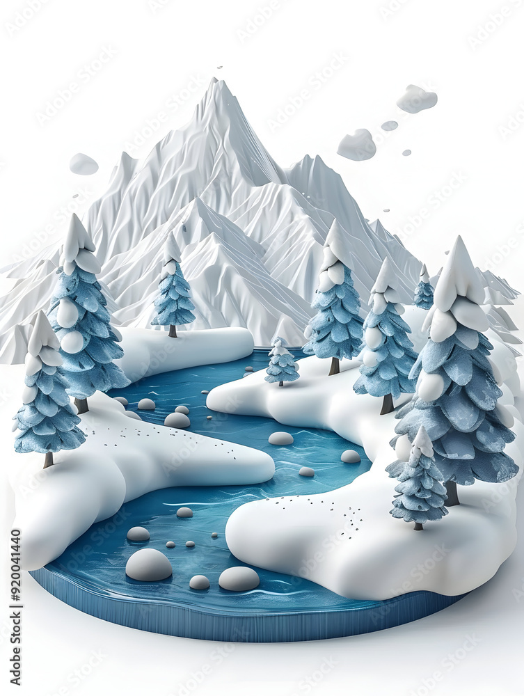 3D Flat Icon: Declining Snowpack and Flowing River Concept on White Background, Symbolizing ...