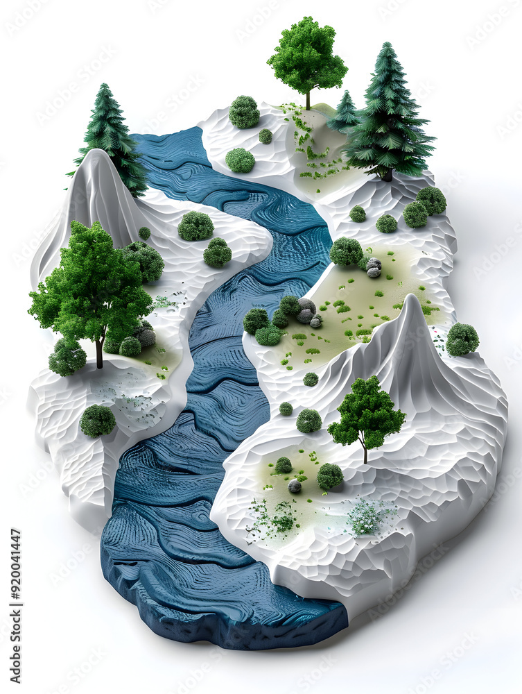 3D Flat Icon: Declining Snowpack & Flowing River Concept Symbolizing ...