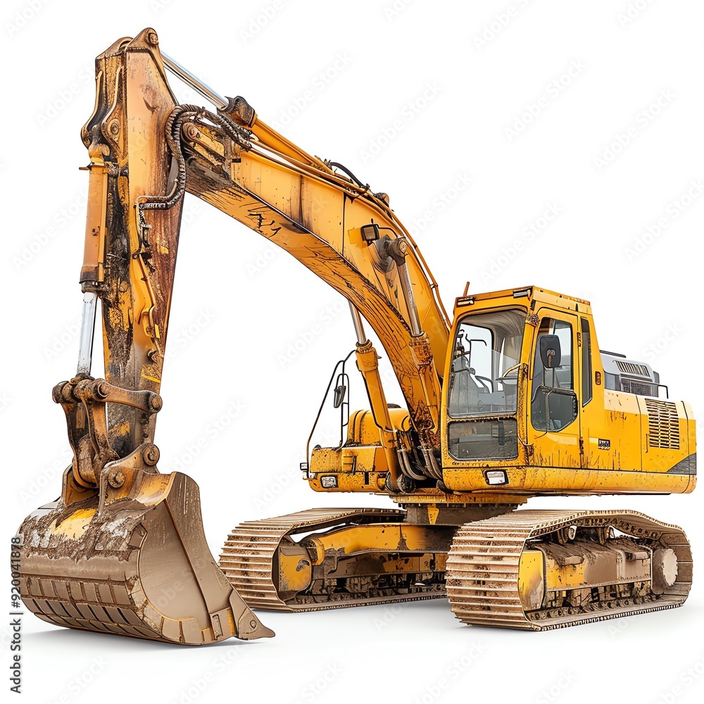 Hydraulic excavator with extended arm, facing forward, isolated on ...