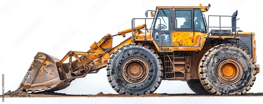 Large wheel loader with a raised bucket, isolated on a white background ...