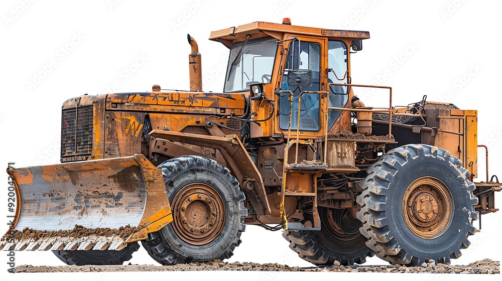 Motor grader with an extended moldboard, isolated on white, ideal for ...