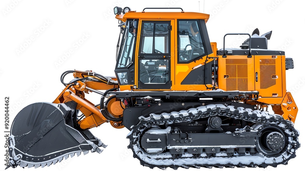 Wheel excavator with a raised blade, isolated on a white background ...
