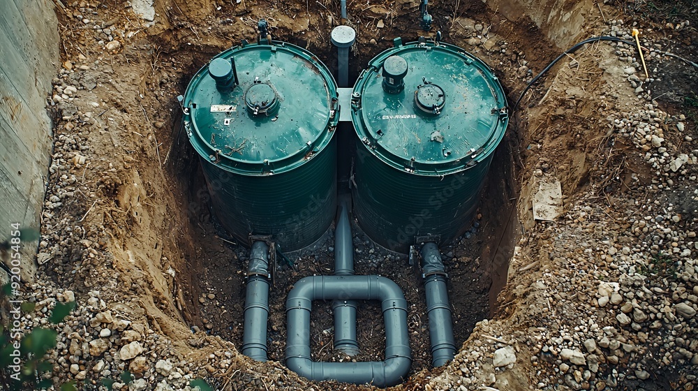 Underground septic tanks installation with pipes in a construction site ...