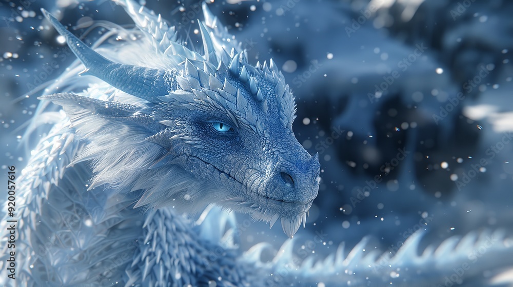 white ice dragon with blue eyes, looking with open mouth into the frame ...
