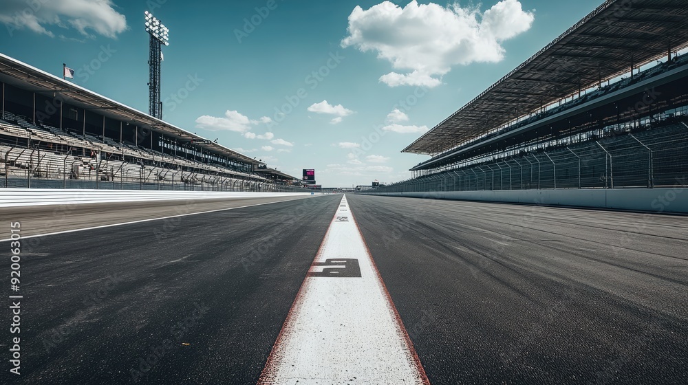 Finish line on a deserted racetrack, with crisp white markings and ...
