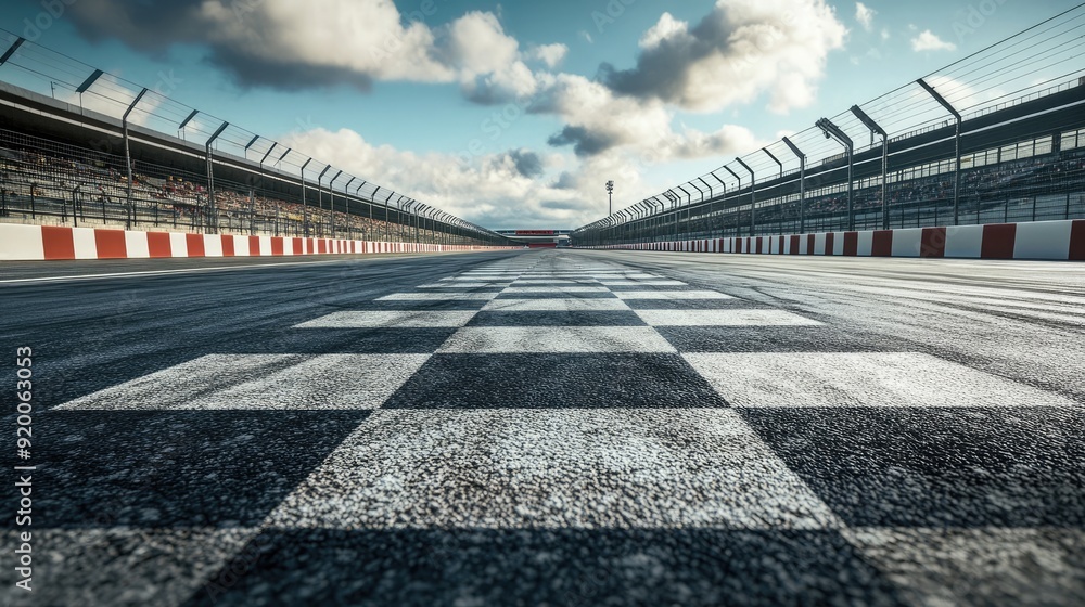 Finish line on an empty racetrack, with checkered markings and wide ...