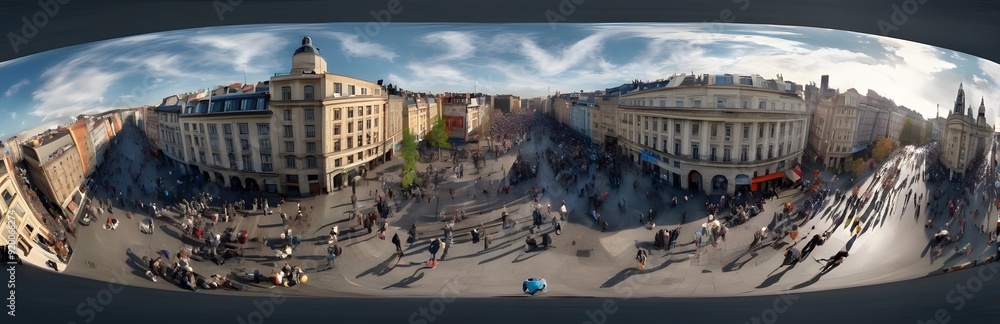 360 degree top view of crowd people in city street. HDRI spherical ...