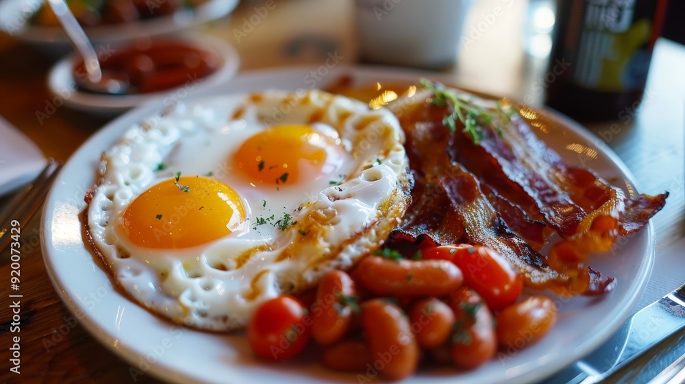 Sampling a traditional English breakfast, complete with eggs, sausage ...