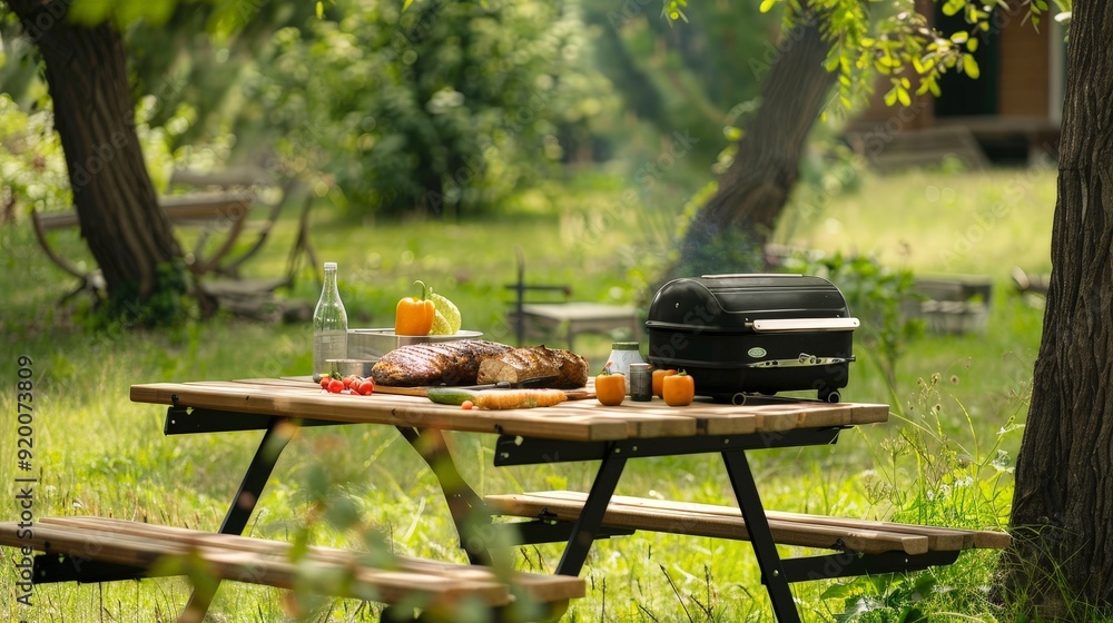 Setting up a picnic table with a portable grill for a barbecue picnic ...
