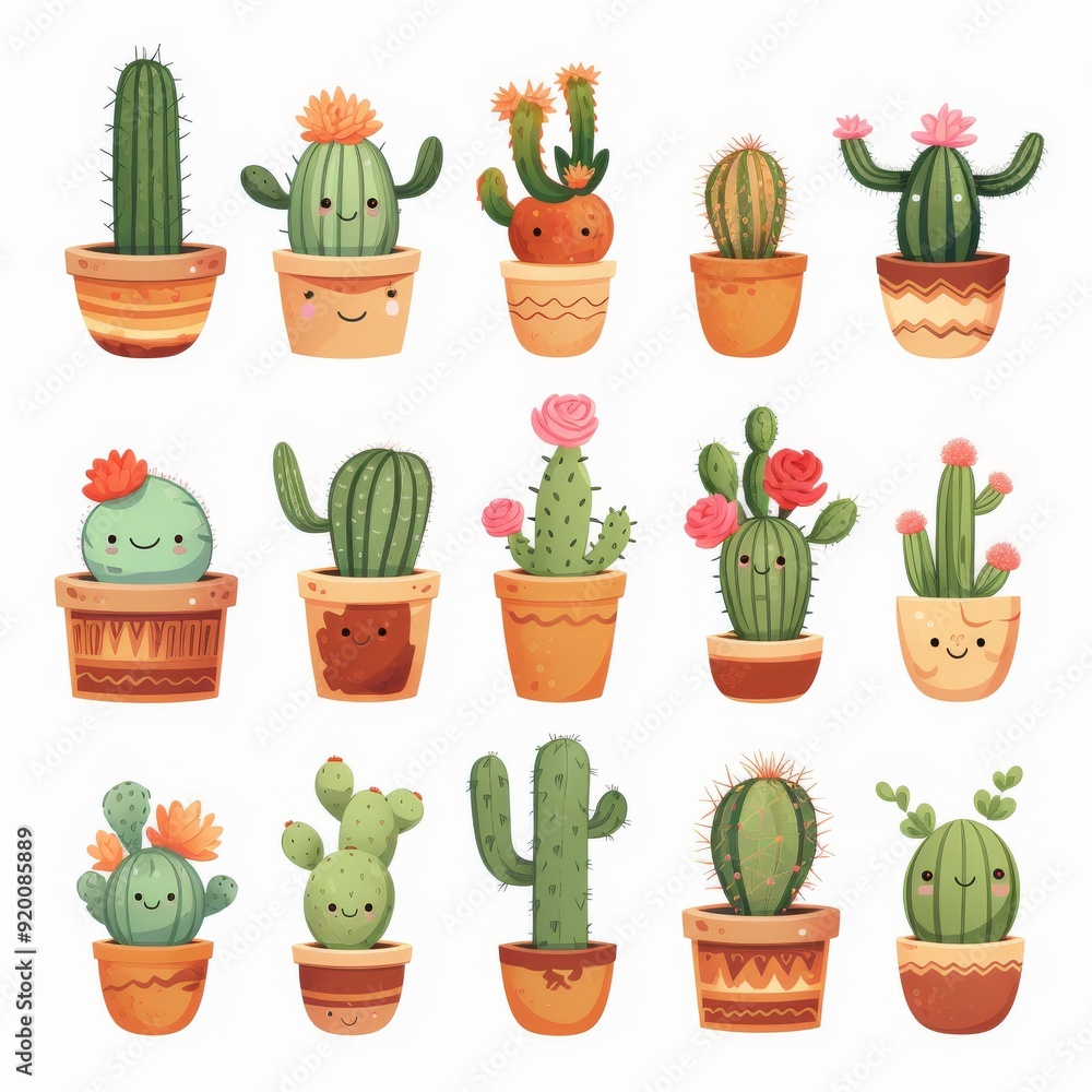 Cute Cactus Illustration Collection with Smiling Faces and Flowers in ...