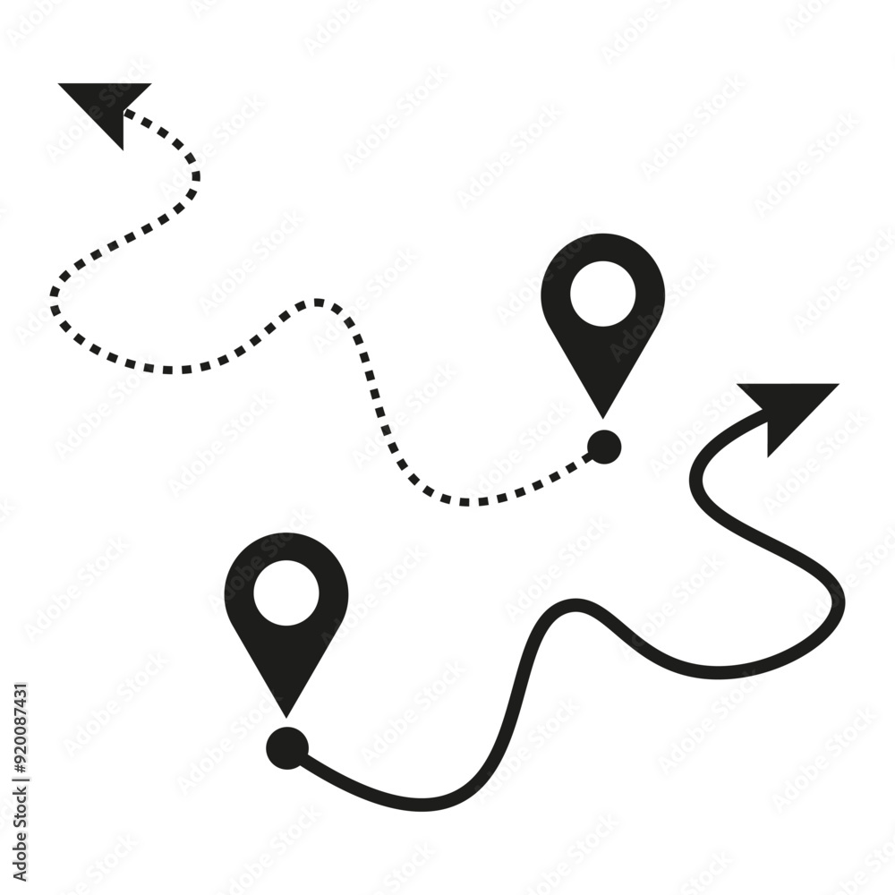 Navigation path icons. Location pin symbols. Dotted and solid lines ...