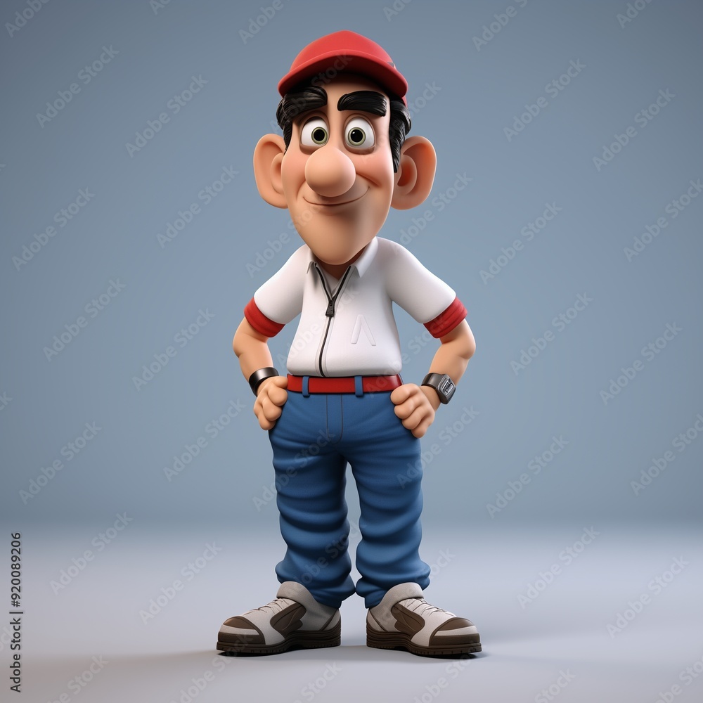Cartoon Man in Red Cap Standing Confidently with Hands on Hips â€“ 3D ...