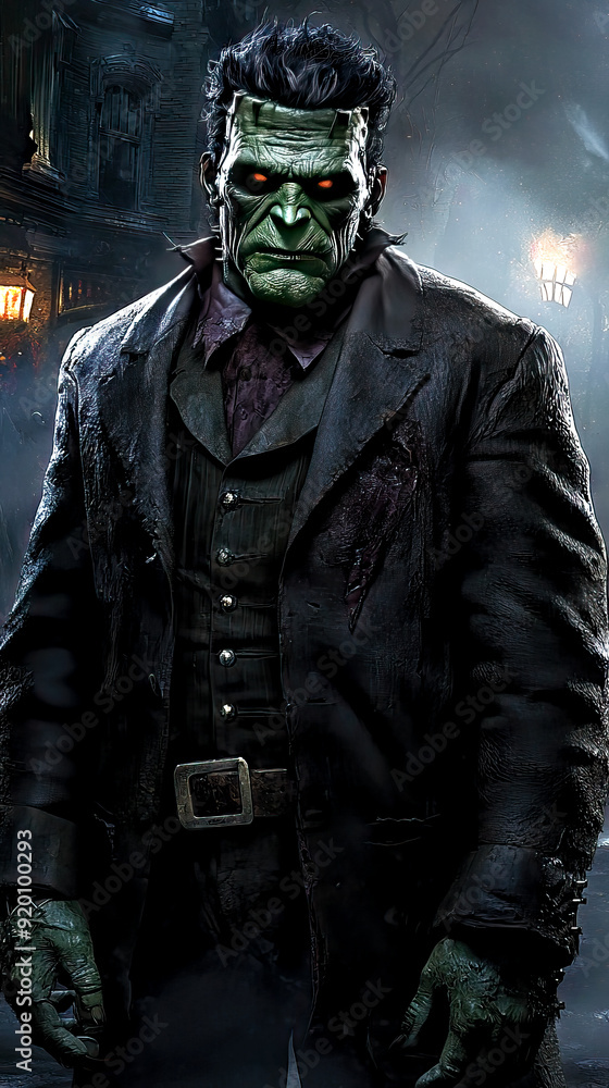 Well dressed Frankenstein monster with green eyes menacing look, gothic ...