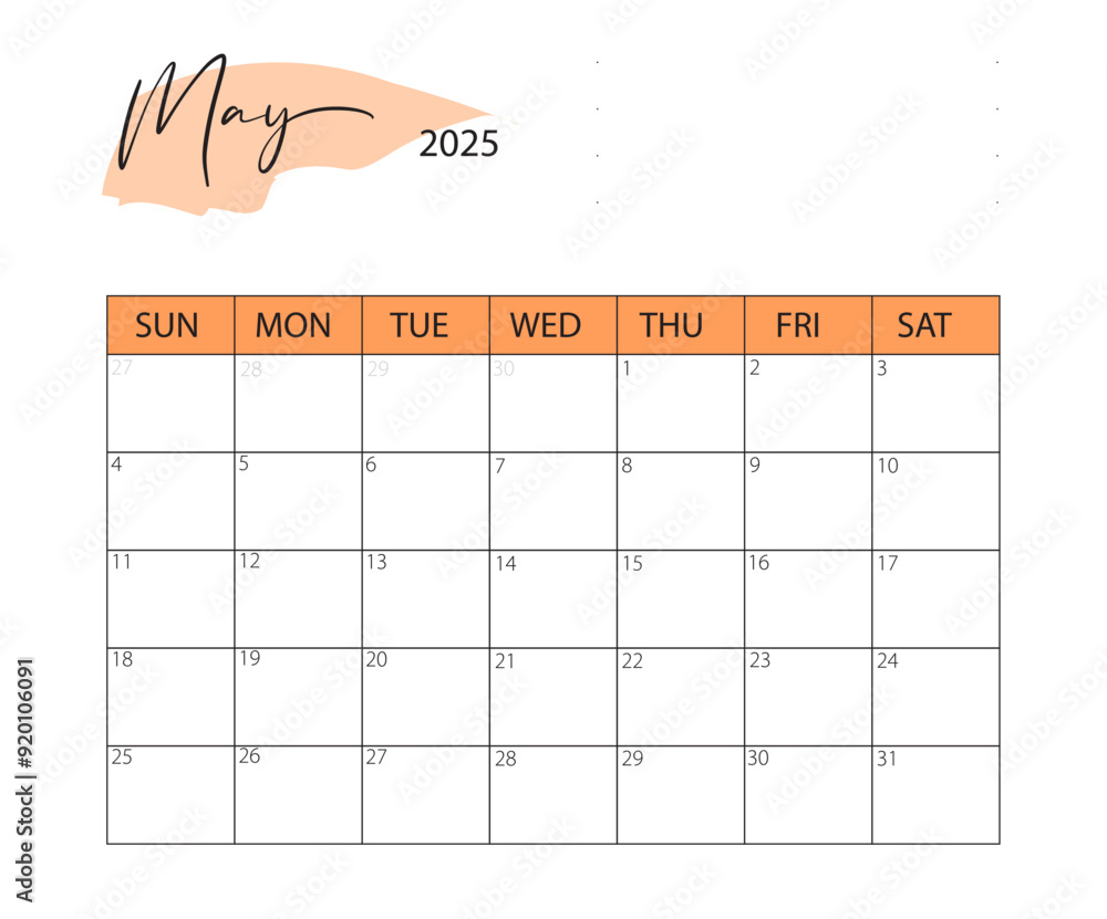 May 2025 Calendar. Vector calendar. Week starts sunday. Calendar ...
