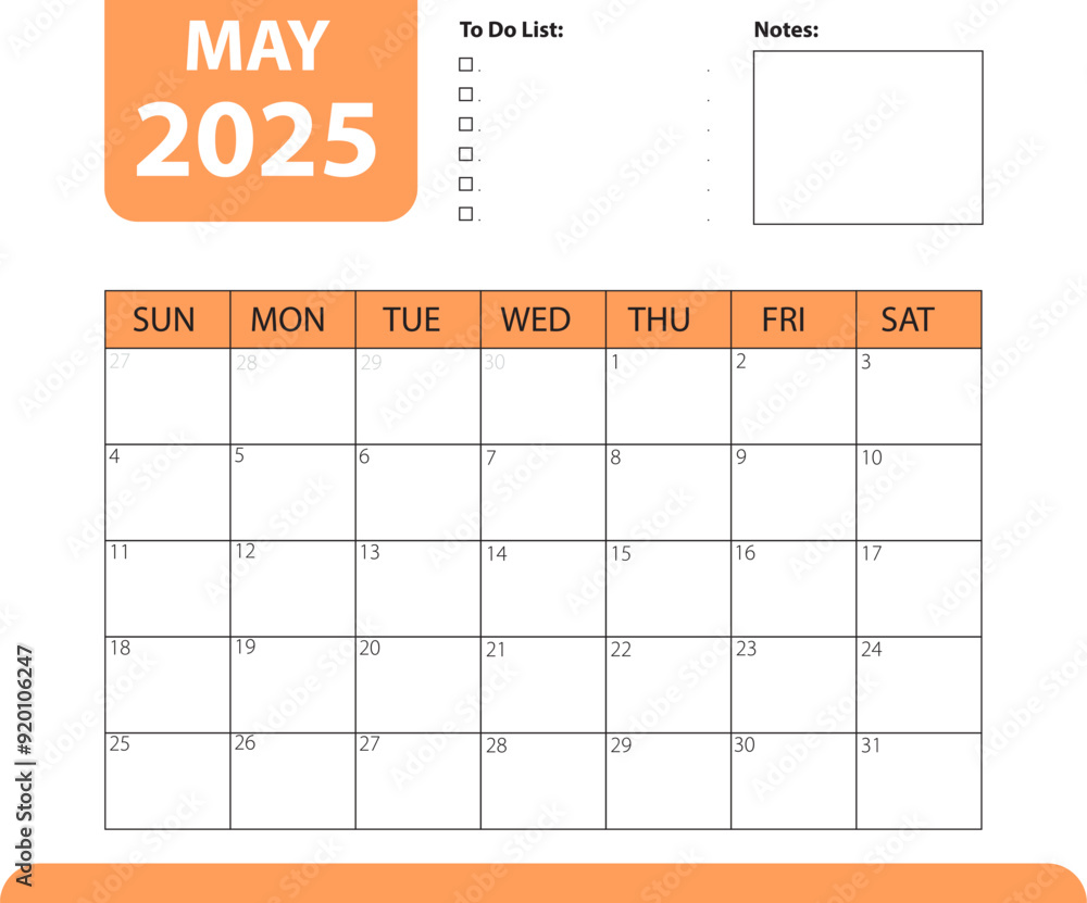 May 2025 Calendar. Vector calendar. Week starts sunday. Calendar ...