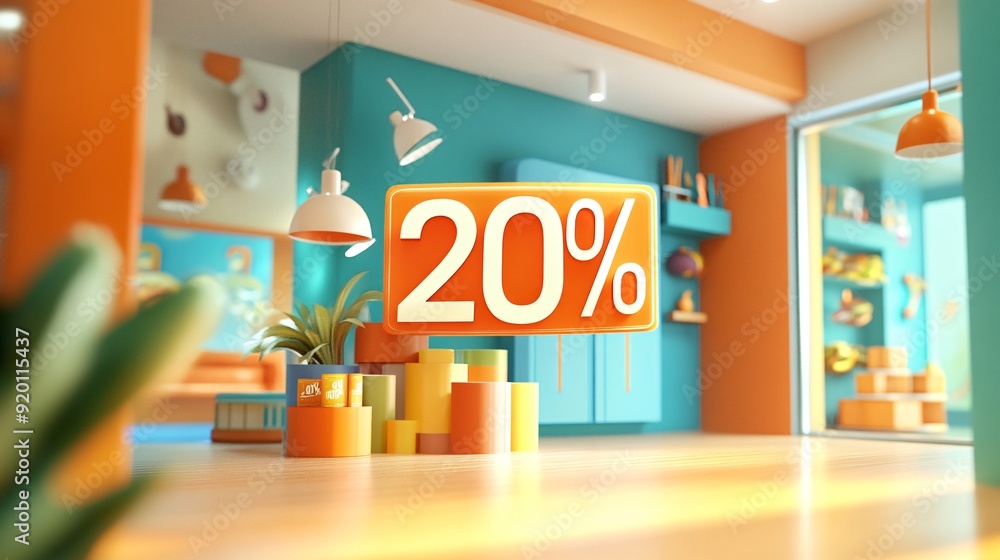 Colorful interior of a modern toy store with a twenty percent discount ...