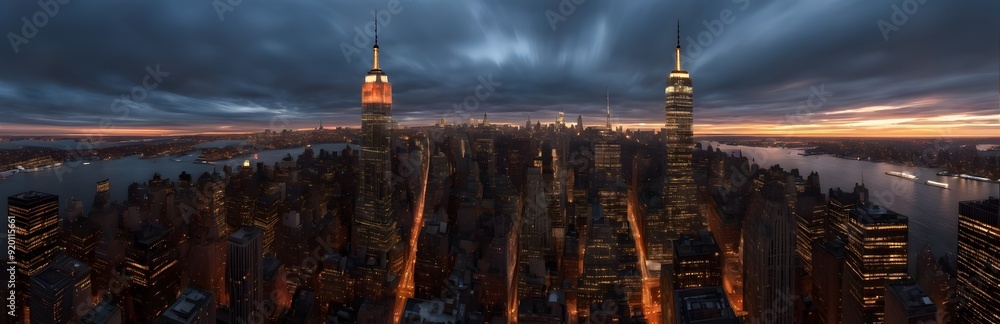 360 degree Manhattan skyscrapers lights, New York City, in the evening ...