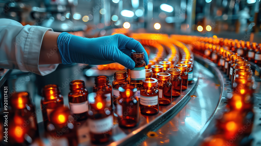 Lab worker's gloved hand selecting a vial from a production line in a ...