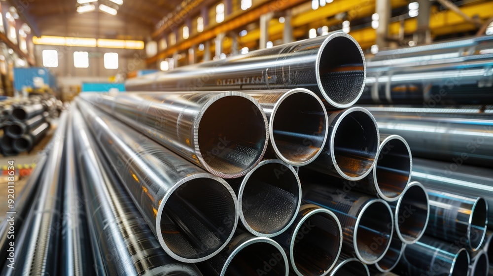 Large Steel Pipes in Industrial Warehouse. Group of large steel pipes ...