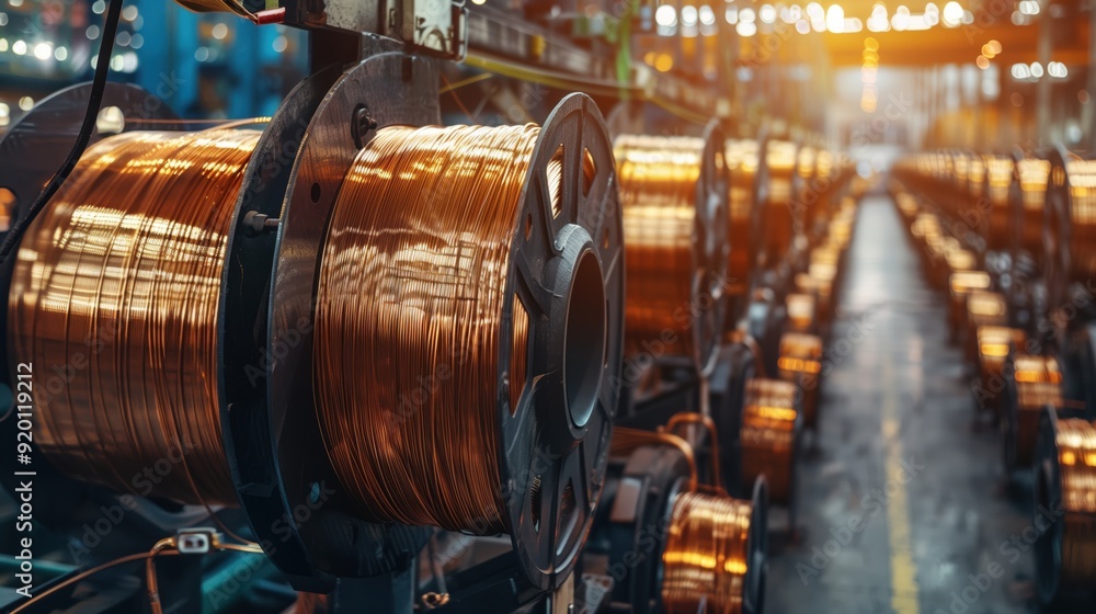 Copper Wire Rolls in Manufacturing Facility. Multiple rolls of copper ...