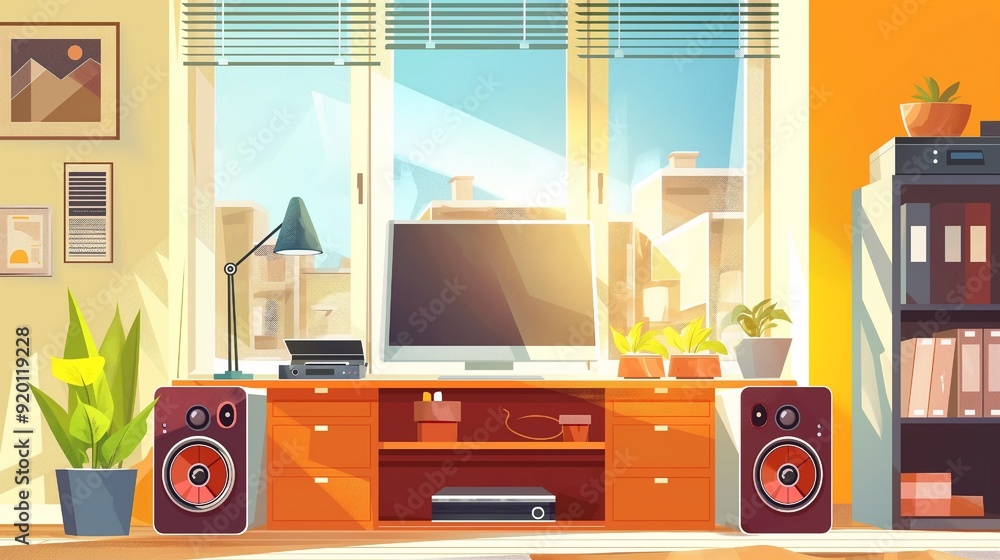 Home office interior with furniture and equipment. Vector cartoon ...