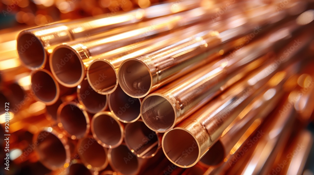 Stacked Copper Pipes in Industrial Warehouse. Close-up view of copper ...