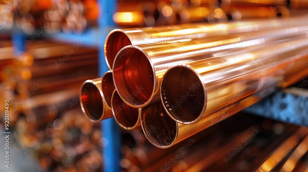 Polished Copper Pipes in Storage Rack. Polished copper pipes are stored ...