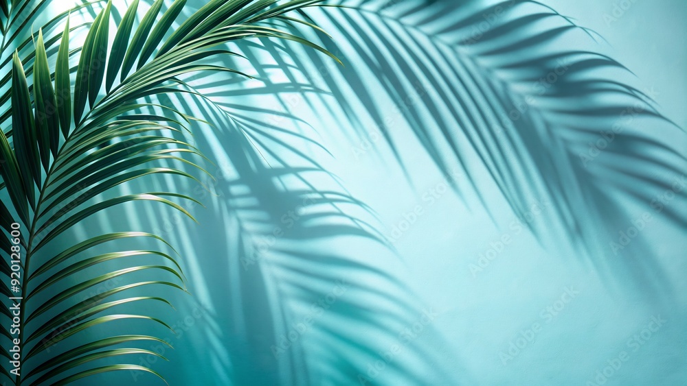 Interplay of blurred palm leaf shadows cast across a light blue wall ...
