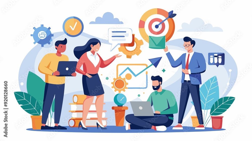 This image depicts business people working together on a strategy. It ...