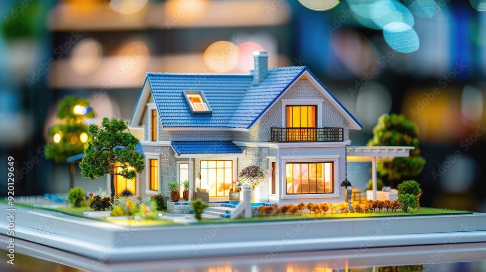 Miniature model of a modern house with lights on, showcasing detailed ...