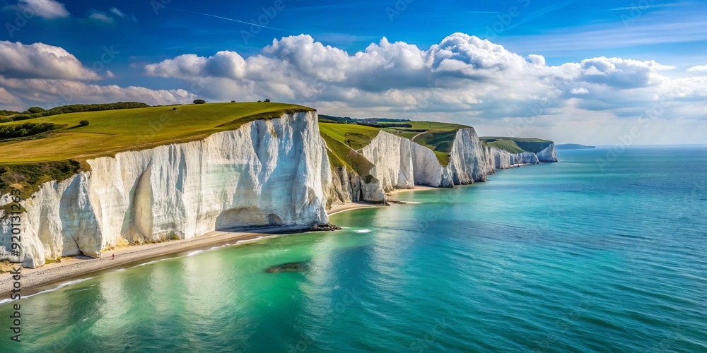 Dramatic white chalk cliffs of Dover rise sharply from the turquoise ...