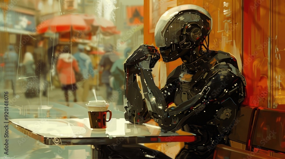 A cyborg, their metallic limbs gleaming in the light, casually sips ...