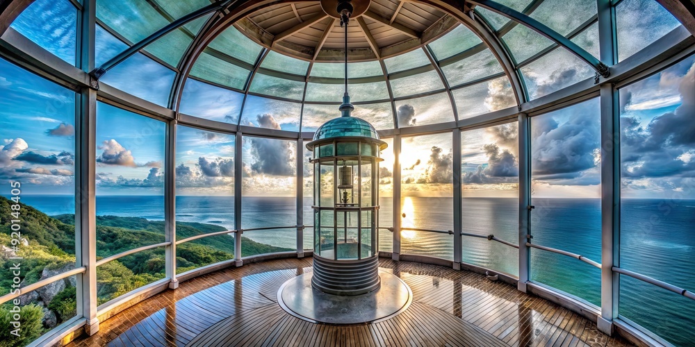 Inside the majestic top part of a remote lighthouse on Lengkuas Island ...