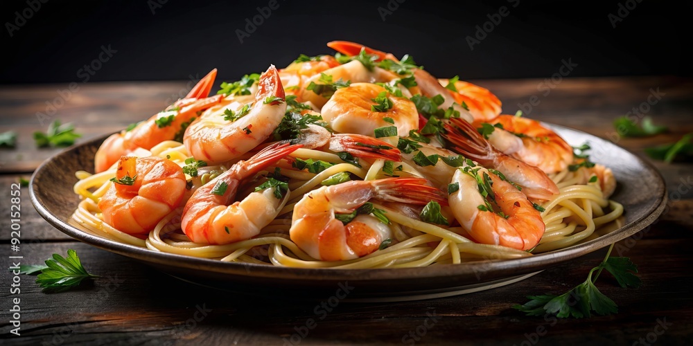Shrimp scampi, dark mode , food photography, catalog, front view ...