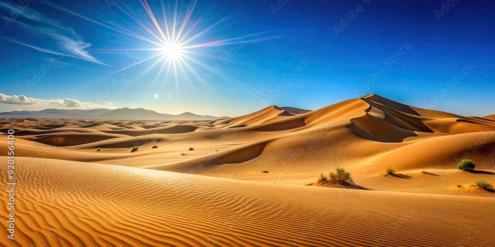 A scorching hot desert landscape with sand dunes and a clear blue sky ...