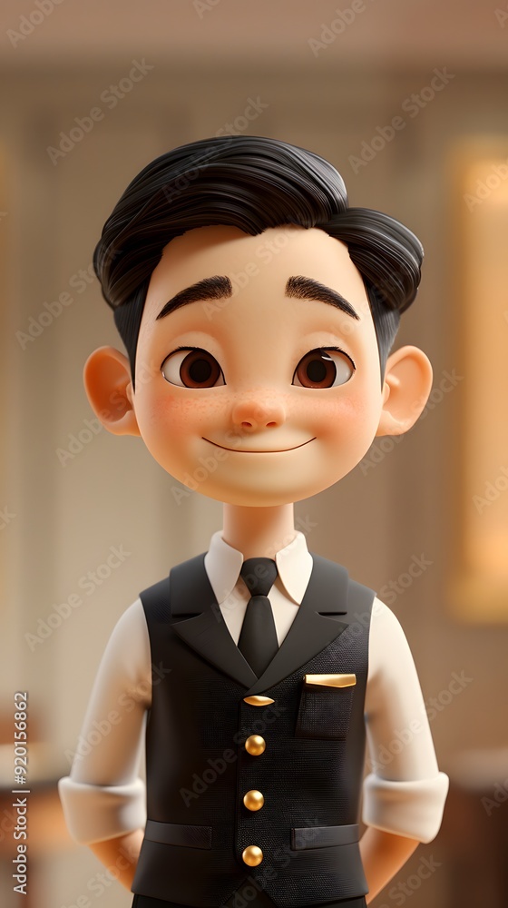 Charming 3D character model of a waiter in a Chinese restaurant, set in ...